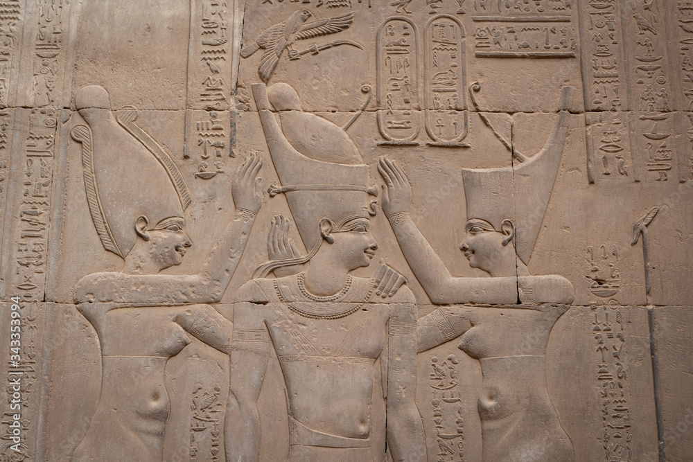 Poster Egyptian Pharaon coronation with the double crown in Kom Ombo ...