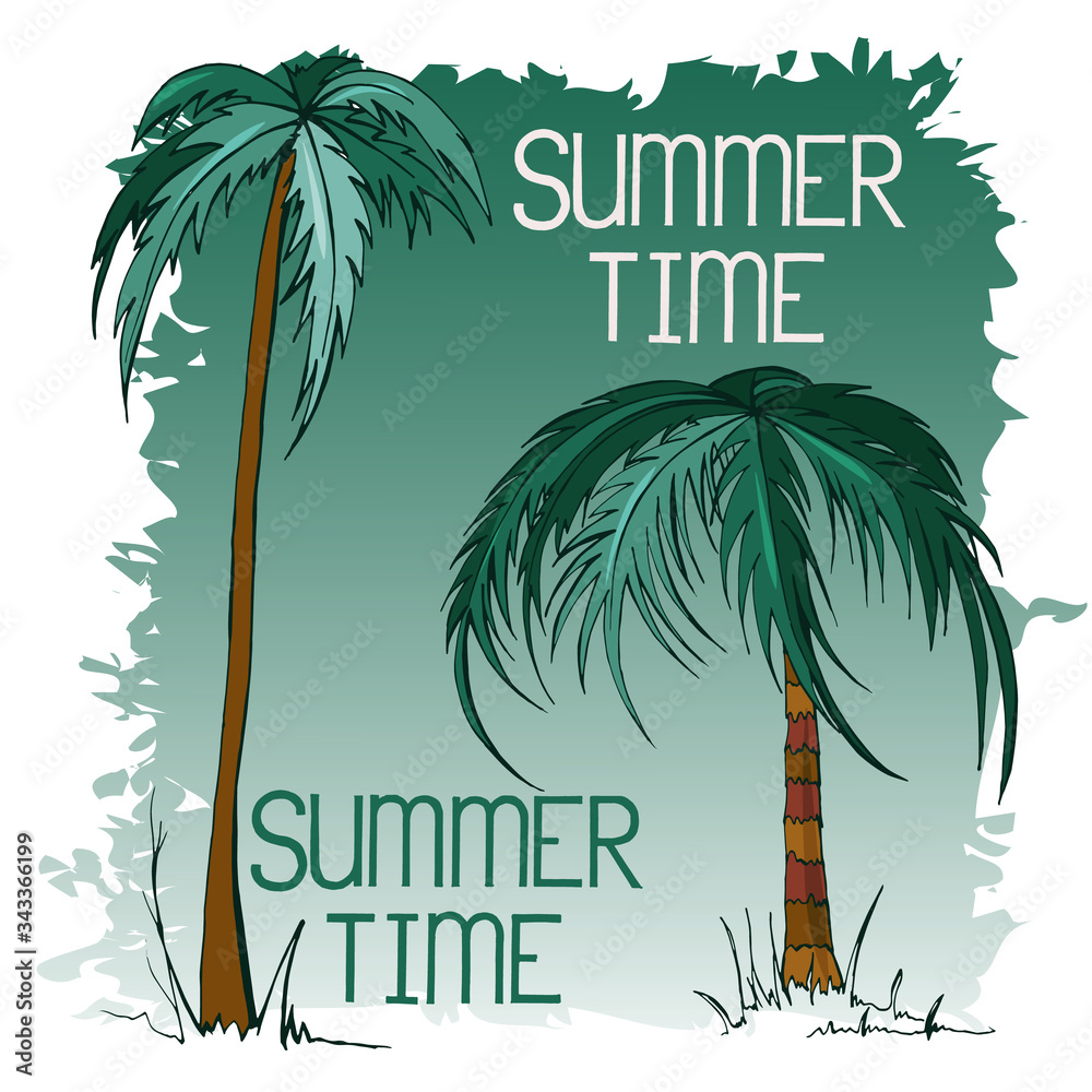 Cartoon color beach poster with hand-drawn palms and inscription ...
