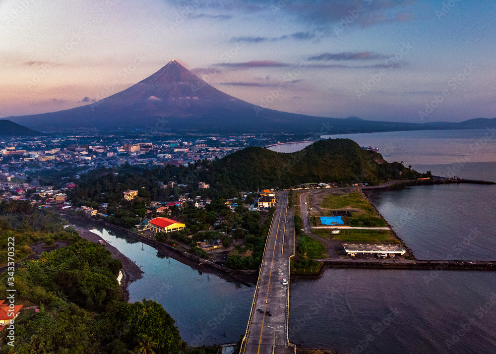 Mayon Volcano in Legazpi City Boulevard Bridge and Sleeping Lion Stock ...