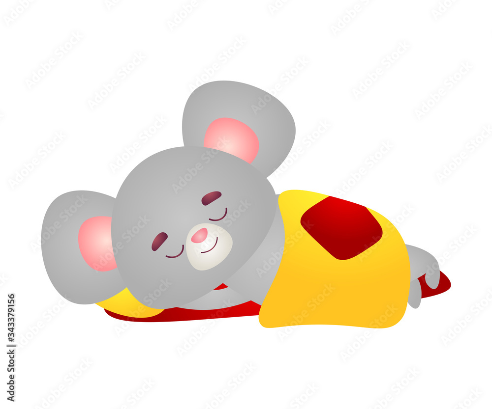 Happy grey mouse character with big pink ears is sleeping in bed under ...