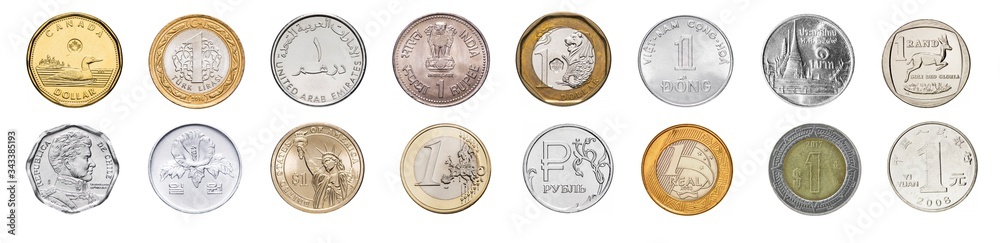 A collection different coins of the world, on a white banner, isolated ...