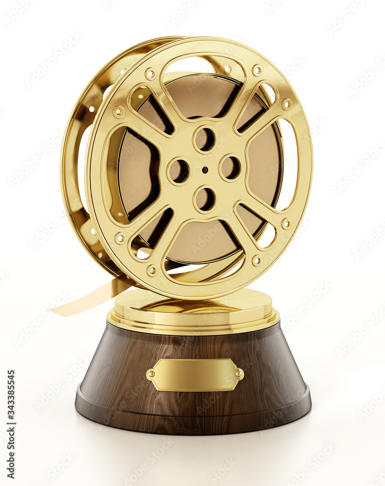 Golden film reel on wooden pedestal. Cinema award. 3D illustration ...