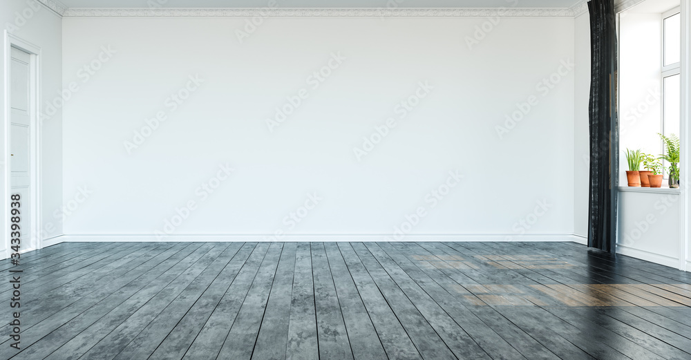 White empty minimalist room interior with wooden floor and curtains ...