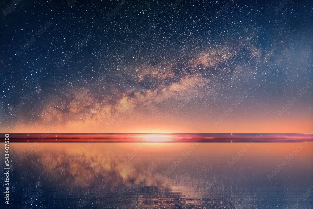 starry sky at night ,moonlight and sea water reflection milky way night sky stars light skyline ...