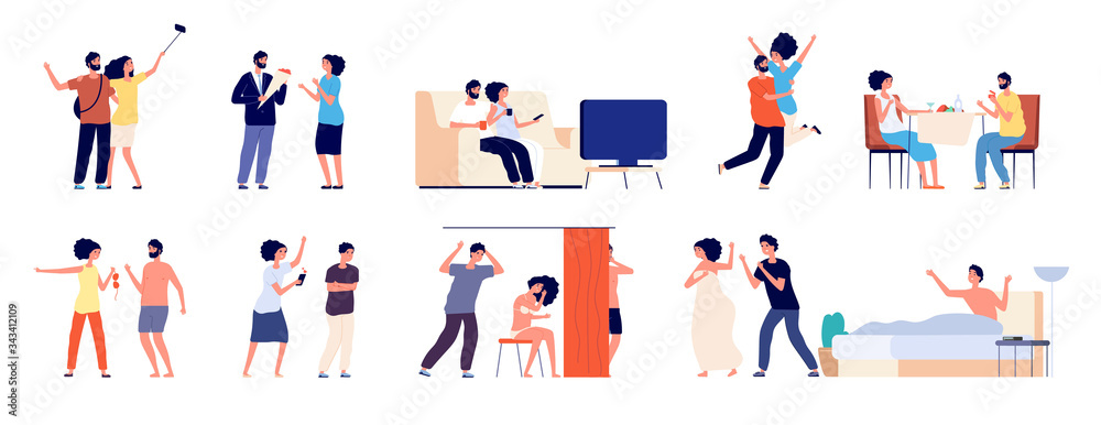 Love and adultery. Cartoon husband wife. Family infidelity, mistress ...