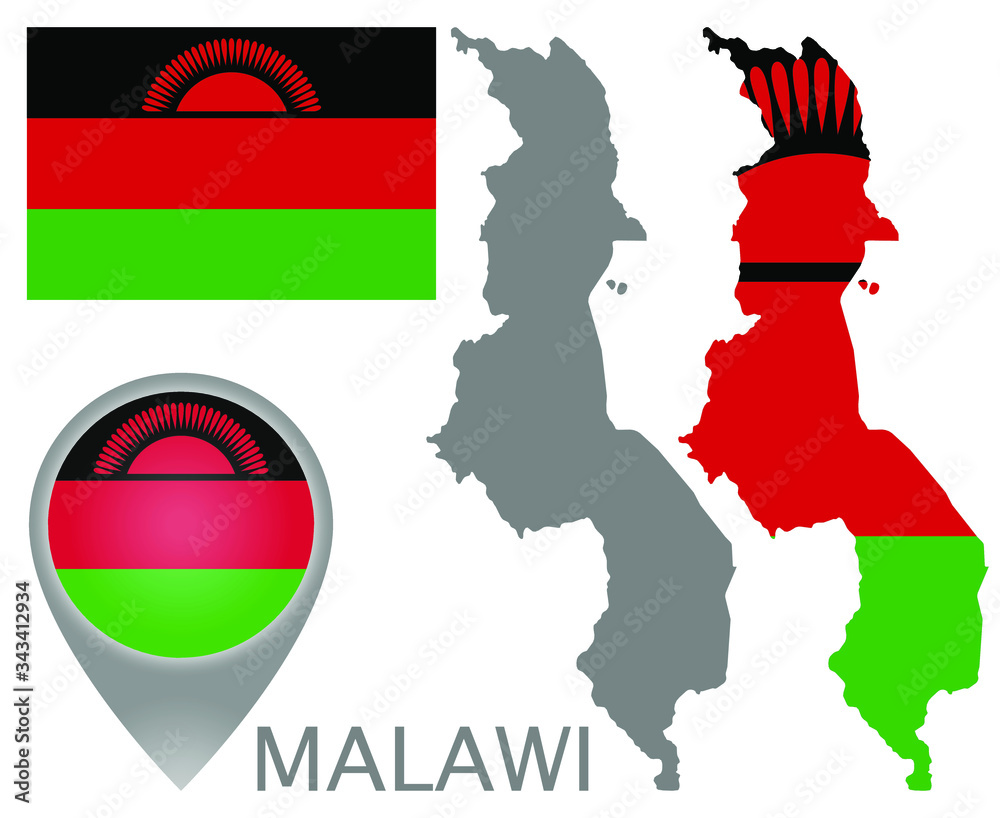 Colorful flag, map pointer, map of Malawi in the colors of the malawian ...