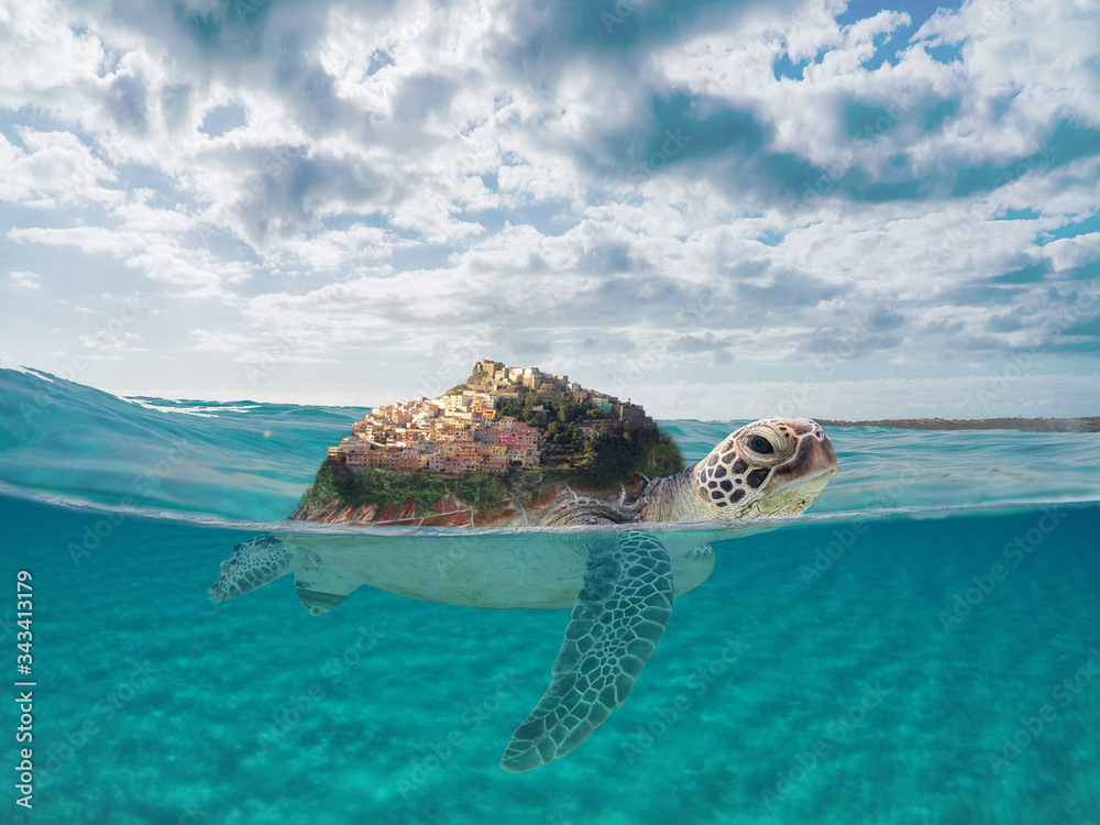 Imaginary fictional dreamy sea landscape with a sea turtle getting ...