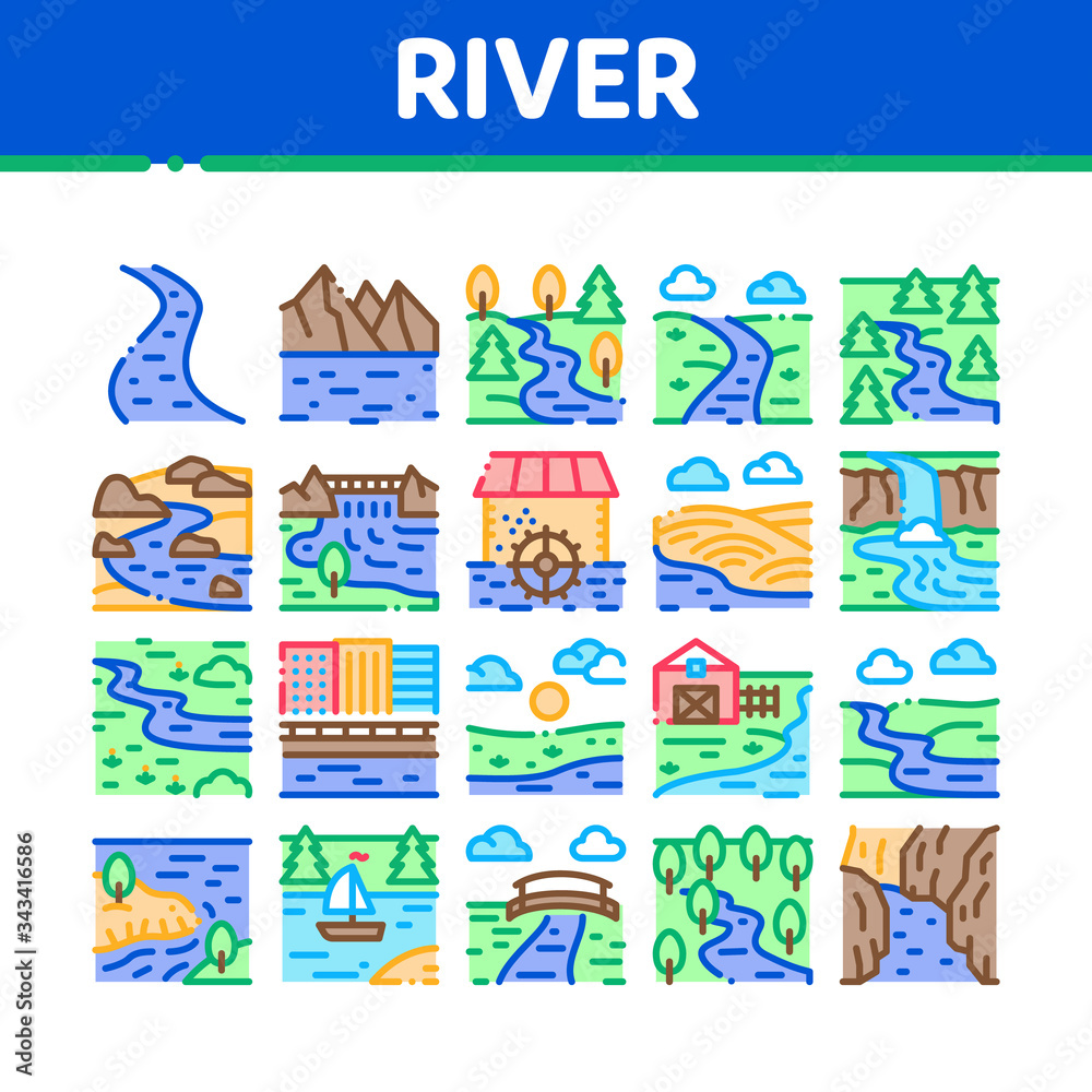River Landscape Collection Icons Set Vector. River With Mountain And ...