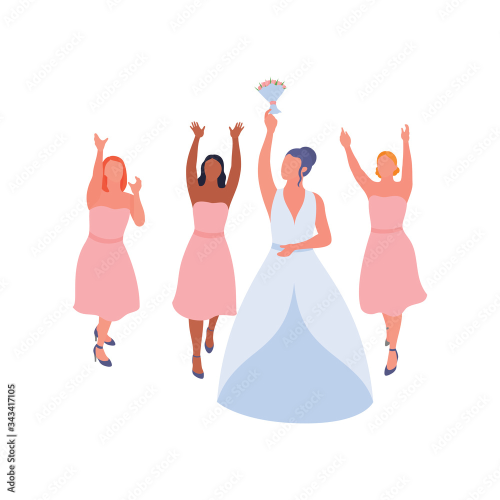 Bride dropping wedding bouquet to bridesmaids. Beauty female character ...