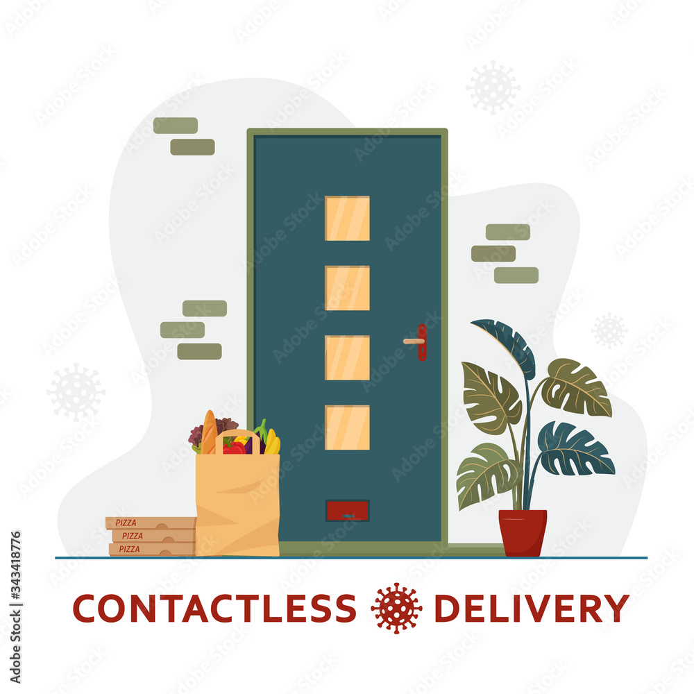 Contactless delivery concept. Food delivery. Pizza and paper bag with ...