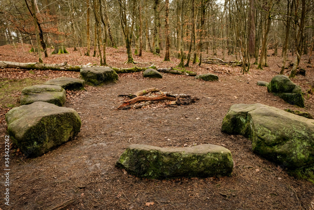 Stone circle in woods with remains of a fire in the middle Stock Photo ...