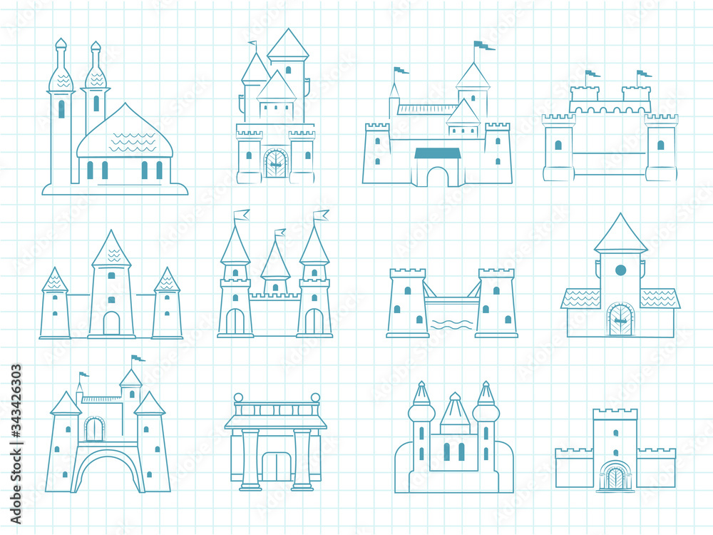Drawn castles. Gothic medieval royal architectural objects with towers ...