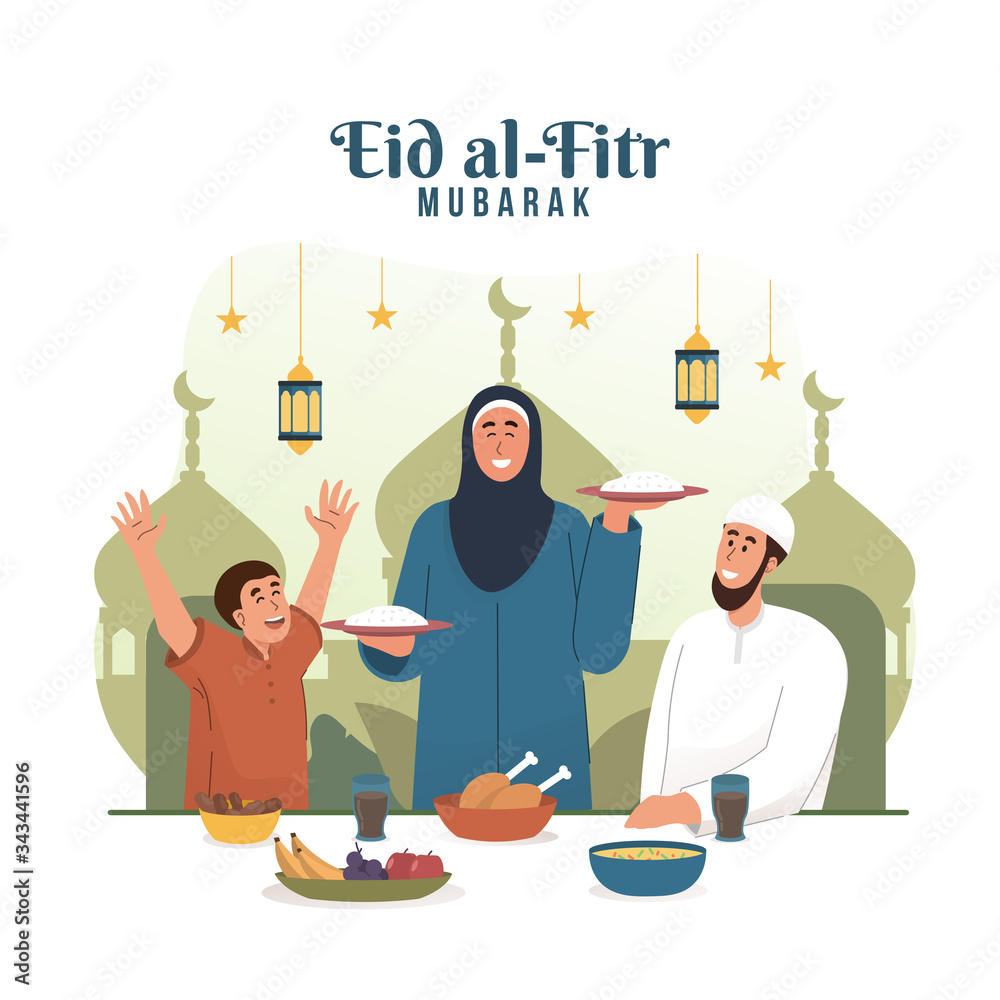 Muslim mother serving food for family dinner. Eid mubarak flat cartoon ...
