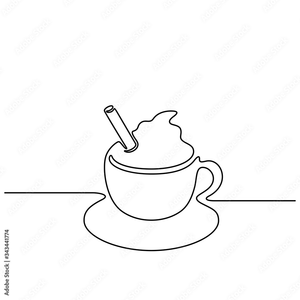 Continuous line drawing. A cup of coffee with whipped cream. Black ...