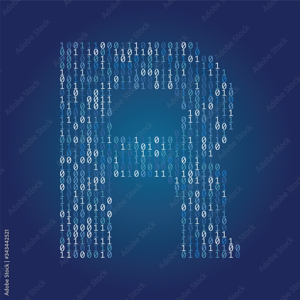 Letter R font made from binary code digits on a dark blue background ...
