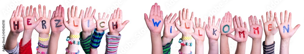 Children Hands Building Colorful German Word Herzlich Willkommen Means ...