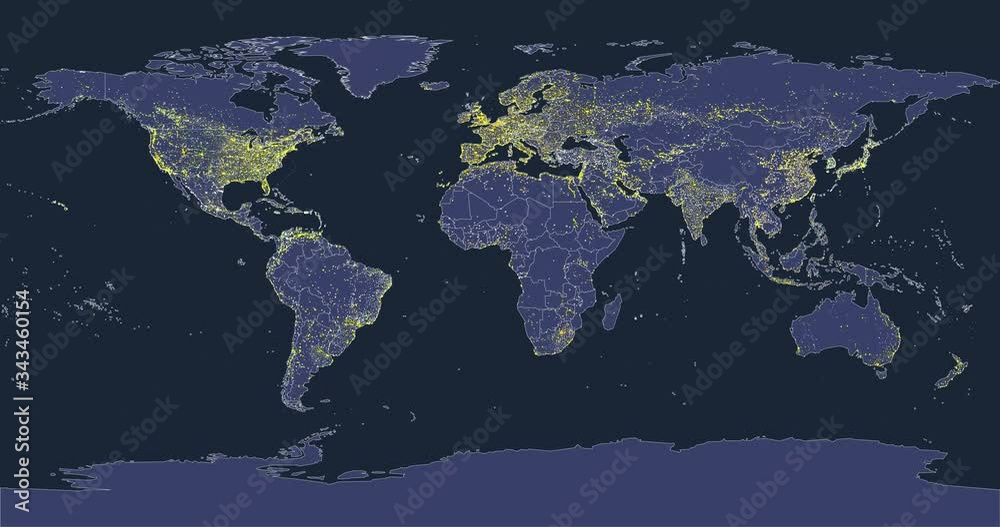 world city lights map animation with silhouettes of continents and ...