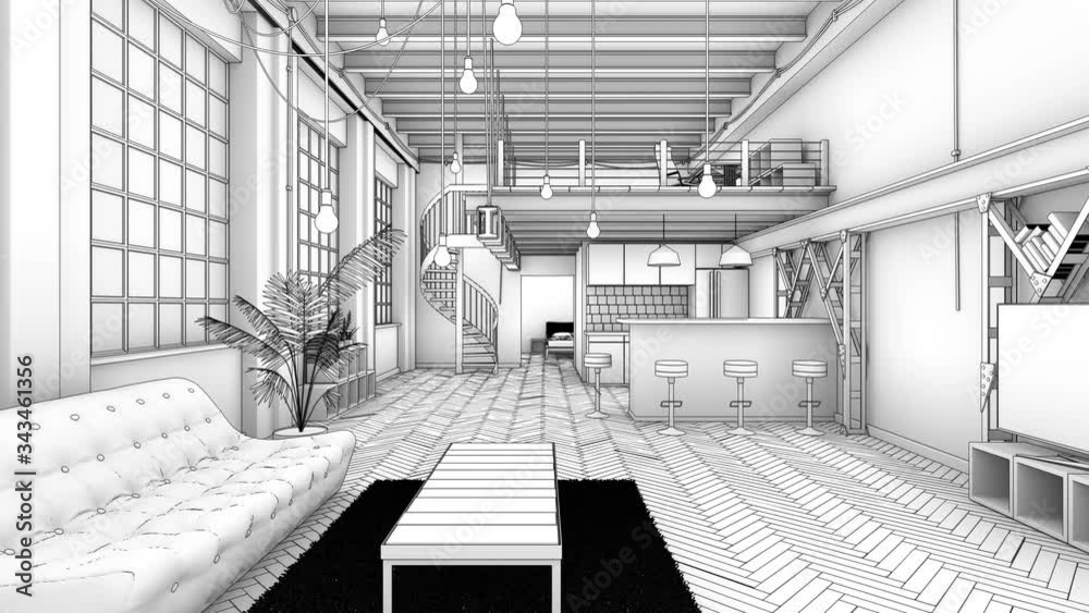 Technical drawing. Modern interior, loft. Nice design of an old ...