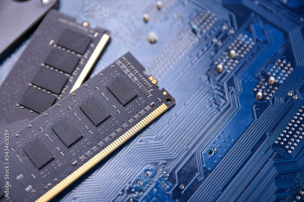 Computer memory RAM on motherboard background . Close up. system, main ...