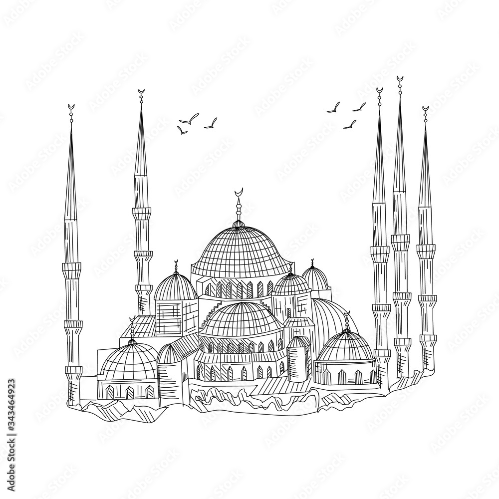 Mosque. Hand drawn sketch vector illustration on white background ...