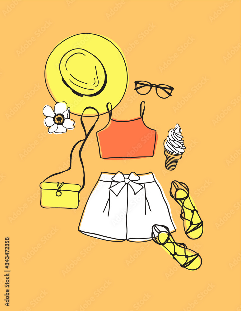 Hand drawn Fashion Illustration Summer Outfit. Season Look on Orange ...