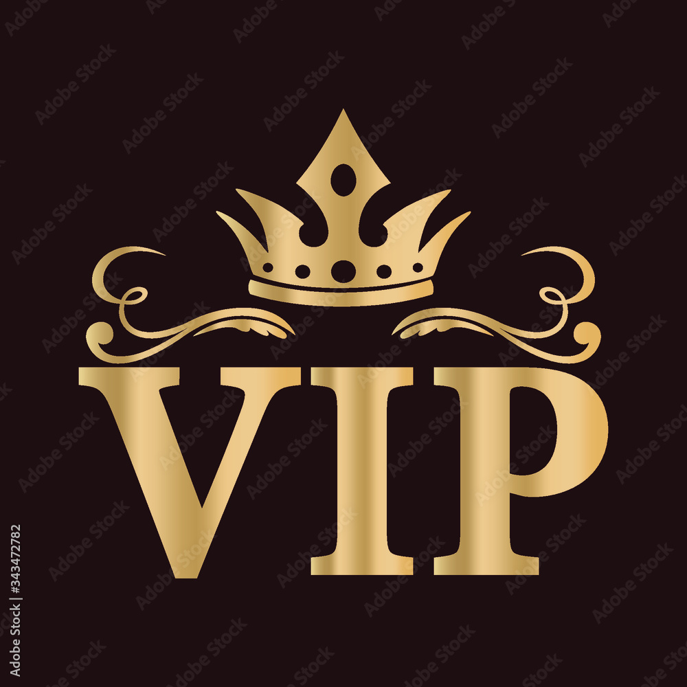 Gold VIP sign, emblem with a crown, on a dark background. A symbol of ...