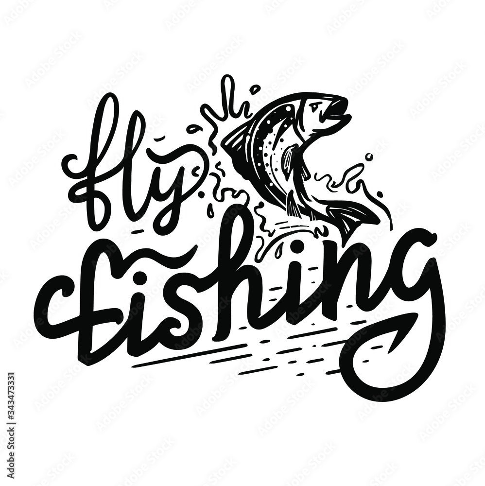 Fly fishing logo. Hand lettering logo with jumping fish and splash of ...