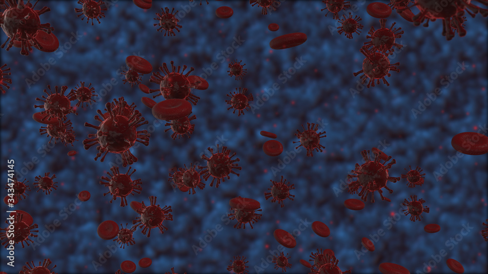 Medical background. Group Red bacteria and Red blood cells. virus cells ...