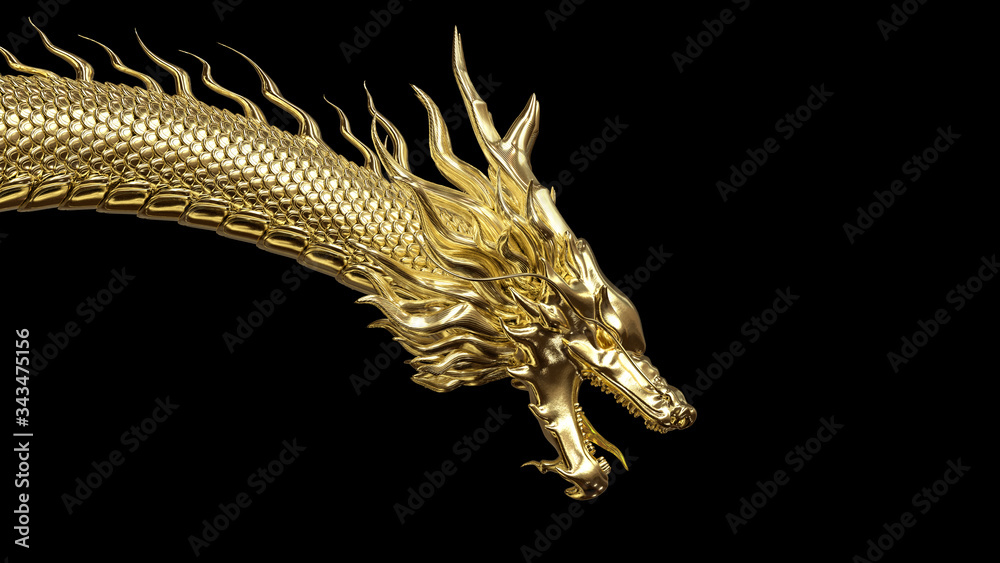 Head and half body gold dragon in smart pose with 3d rendering include ...