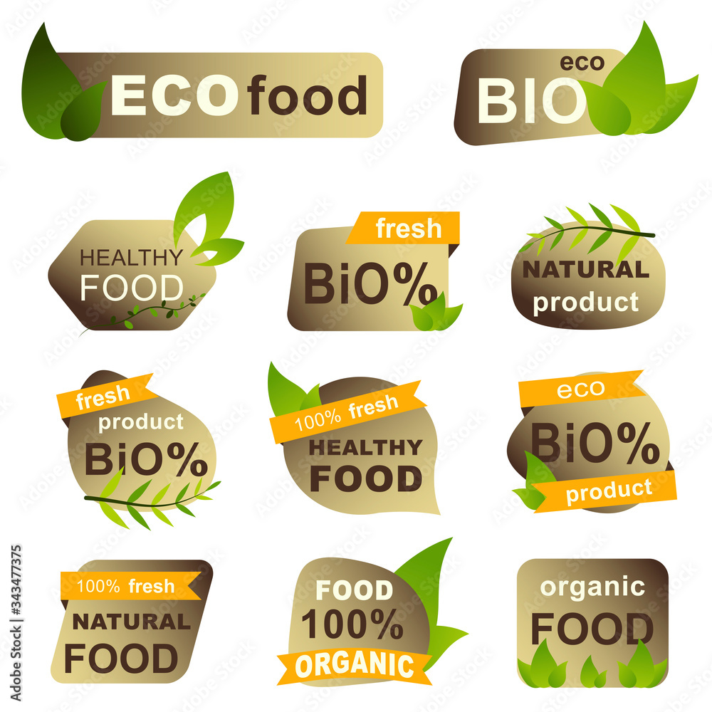 Organic food badges set. Natural eco fresh food, bio and eco friendly nutrition isolated ...