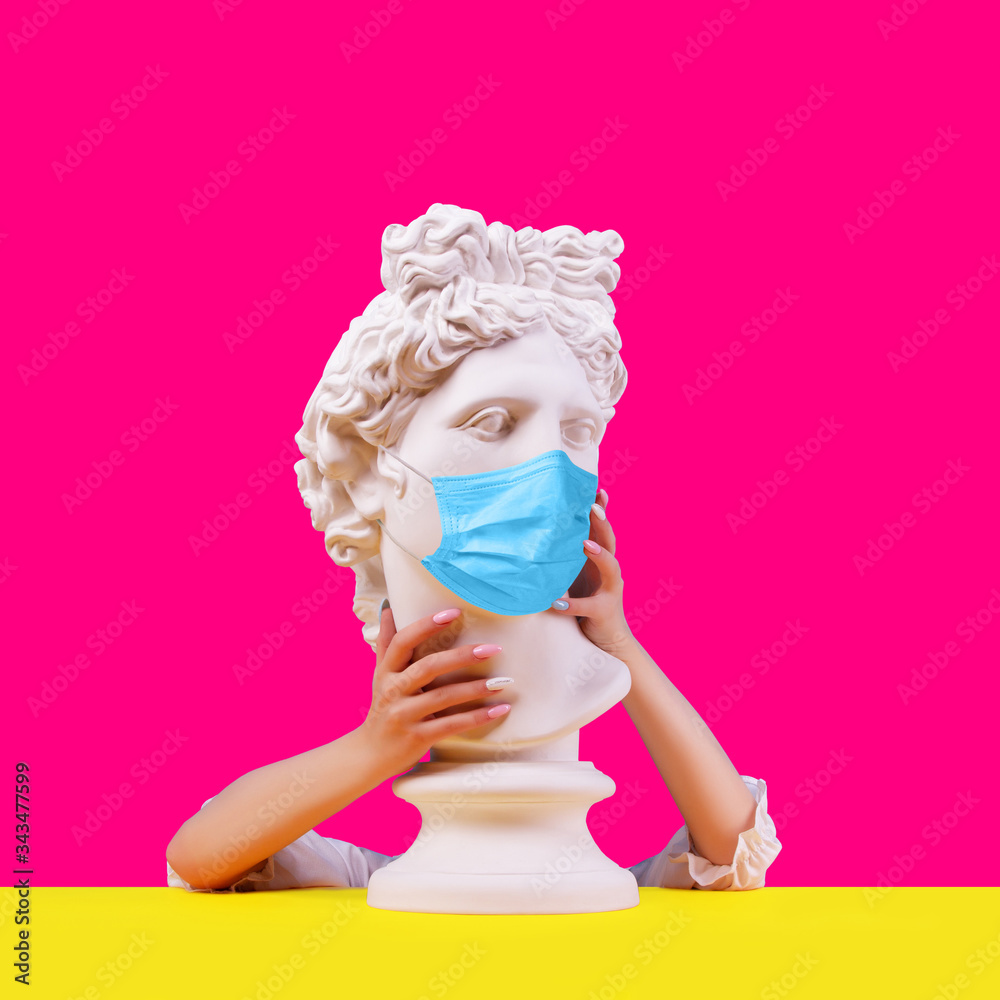 Gypsum statue of Apollo head in crown. Creative. Plaster statue of ...