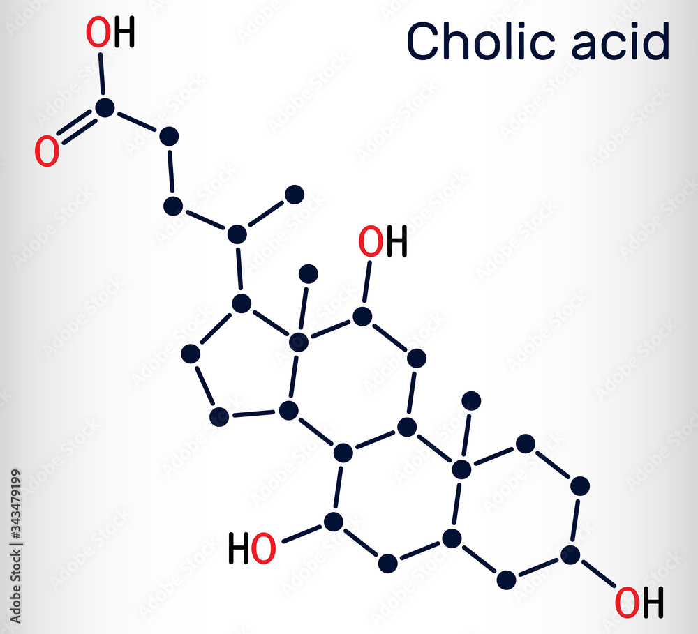Cholic acid, C24H40O5 molecule. It is major primary bile acid produced ...