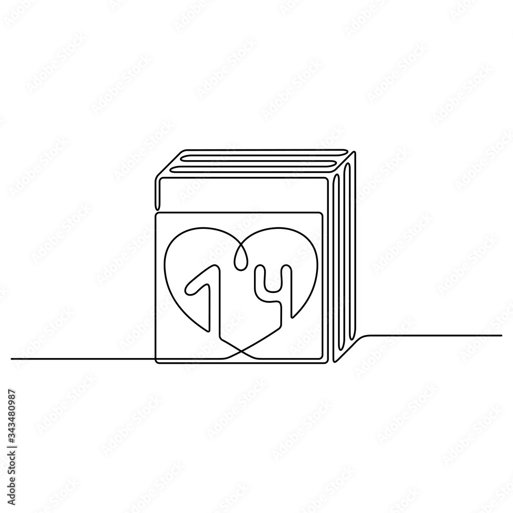 Continuous line drawing. A calendar with a heart around the date. 14th ...