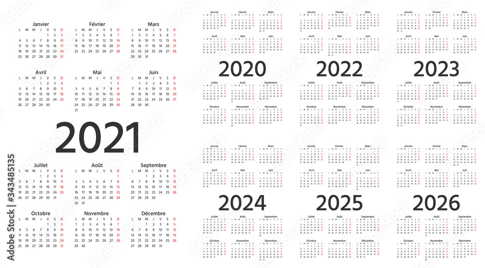 French Calendar 2021, 2022, 2023, 2024, 2025, 2026, 2020 years. Vector ...