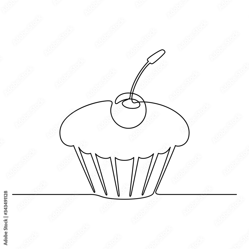 Continuous line drawing. Cupcake with cherry. Black isolated on white ...