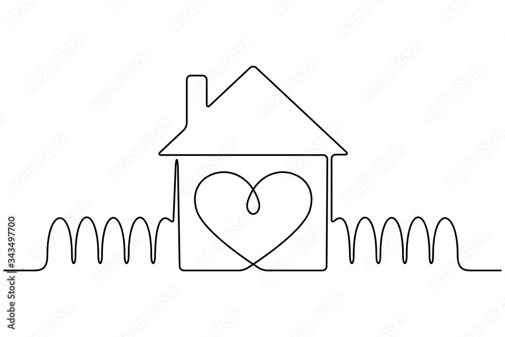 Continuous line drawing. House with heart. Love symbol. Black isolated ...
