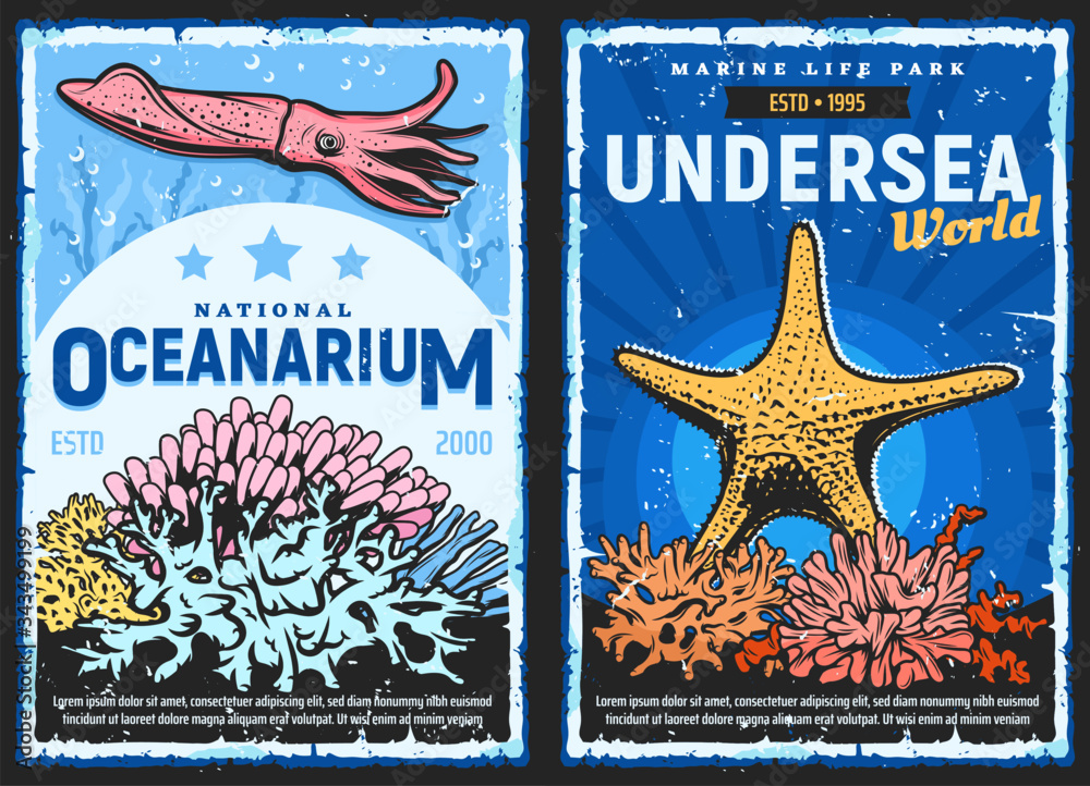 Oceanarium and undersea world, vector retro vintage posters. Wild ...