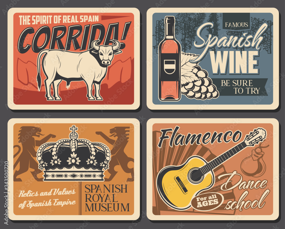 Spain travel and traditional culture tourism, vector vintage retro ...