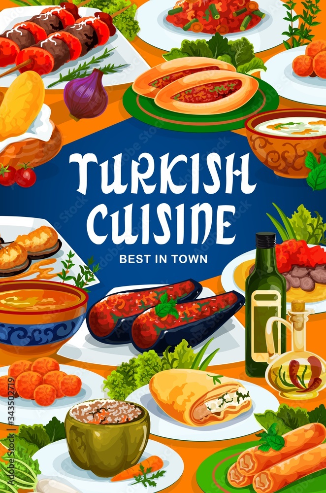 Turkish cuisine food, vector restaurant menu traditional dishes and ...