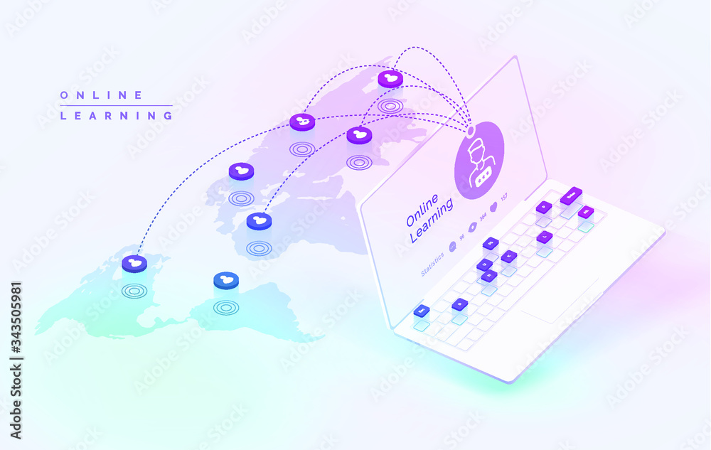 Global online learning. The process of remote self-education. Map of ...