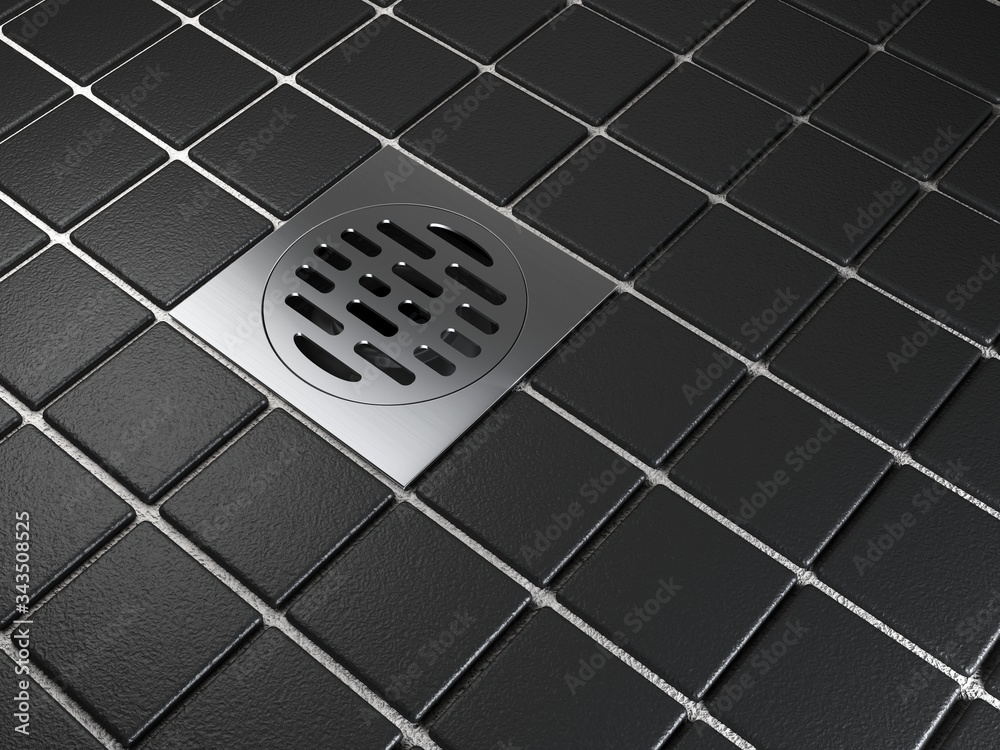 Manhole Cover of Bathroom Floor 3d Rendering Closeup View Black Tiles ...