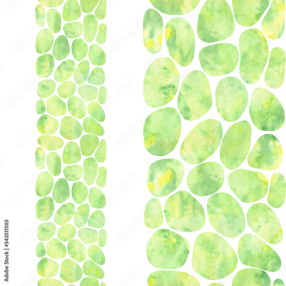 Watercolor green stone pavement on white background. Vertical border ...