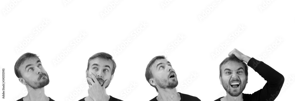 four man heads portrait with different emotions and face grimace, white ...