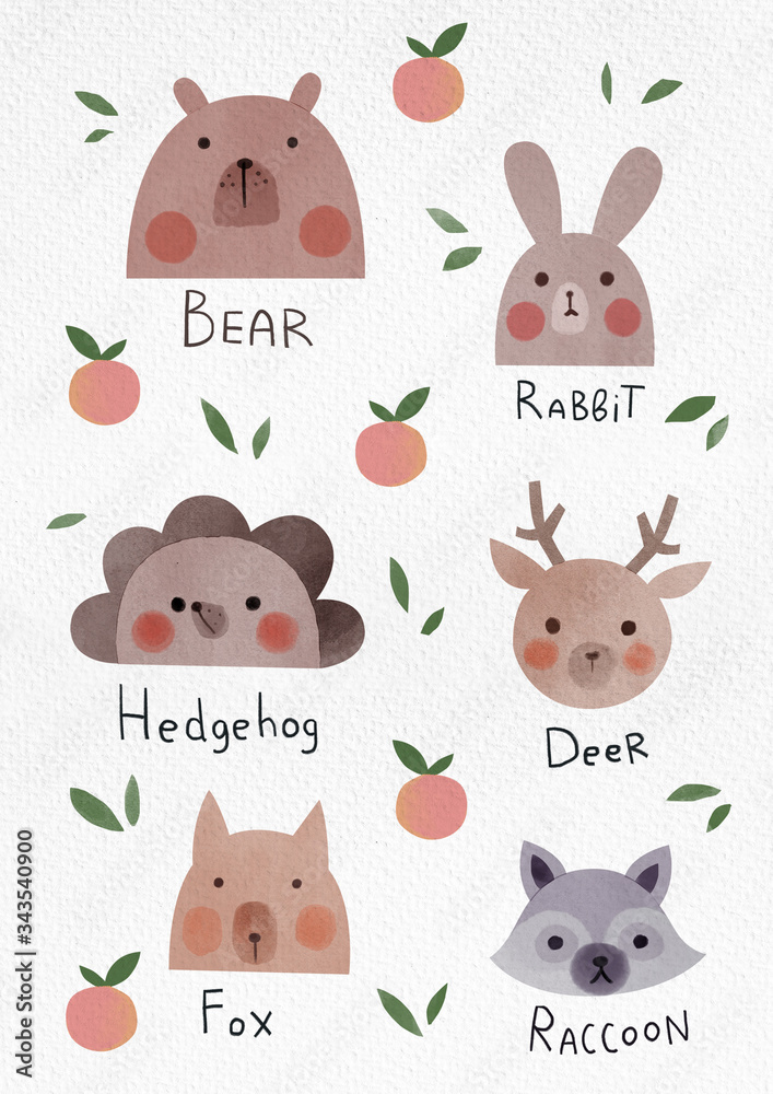 cute baby forest animal set with bear, rabbit, hedgehog, deer, fox and ...