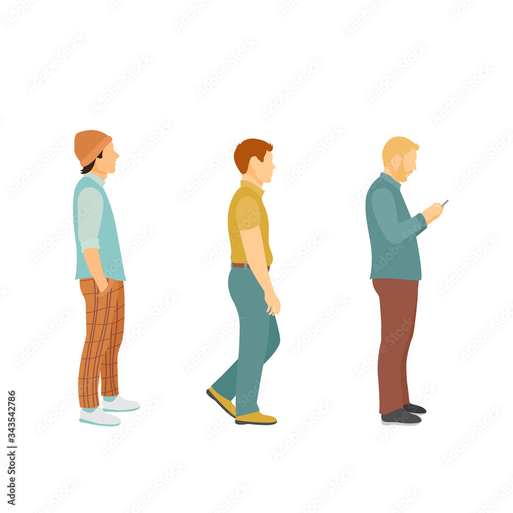 Three men in modern clothes in full growth stand in line after each ...