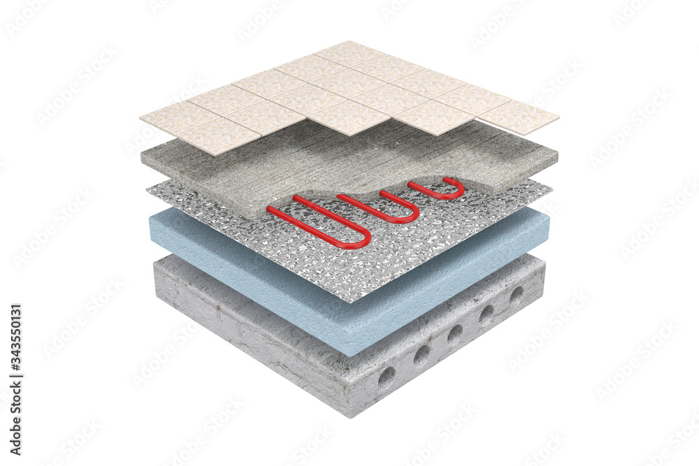Layers of Floor Heating System Partly Under Ceramic Tiles. 3d Rendering ...