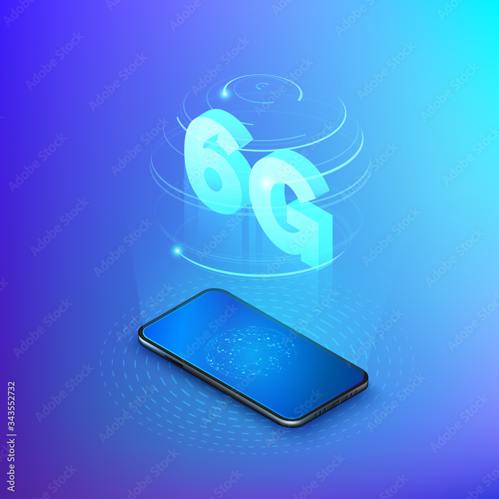 6g fast mobile networks. Mobile phone with global network on screen and hologram of wireless ...