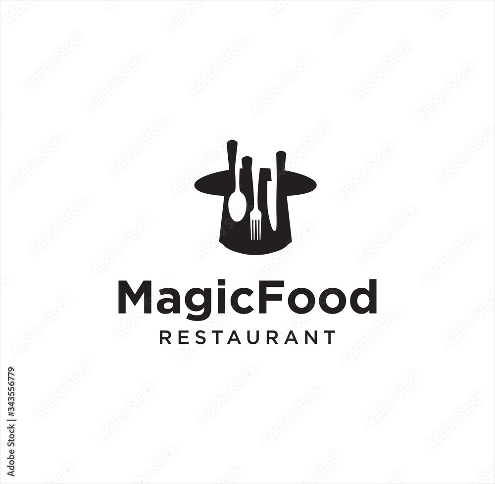 Magic Food Logo Vintage Hipster Retro. fork and spoon food in magic hat ...
