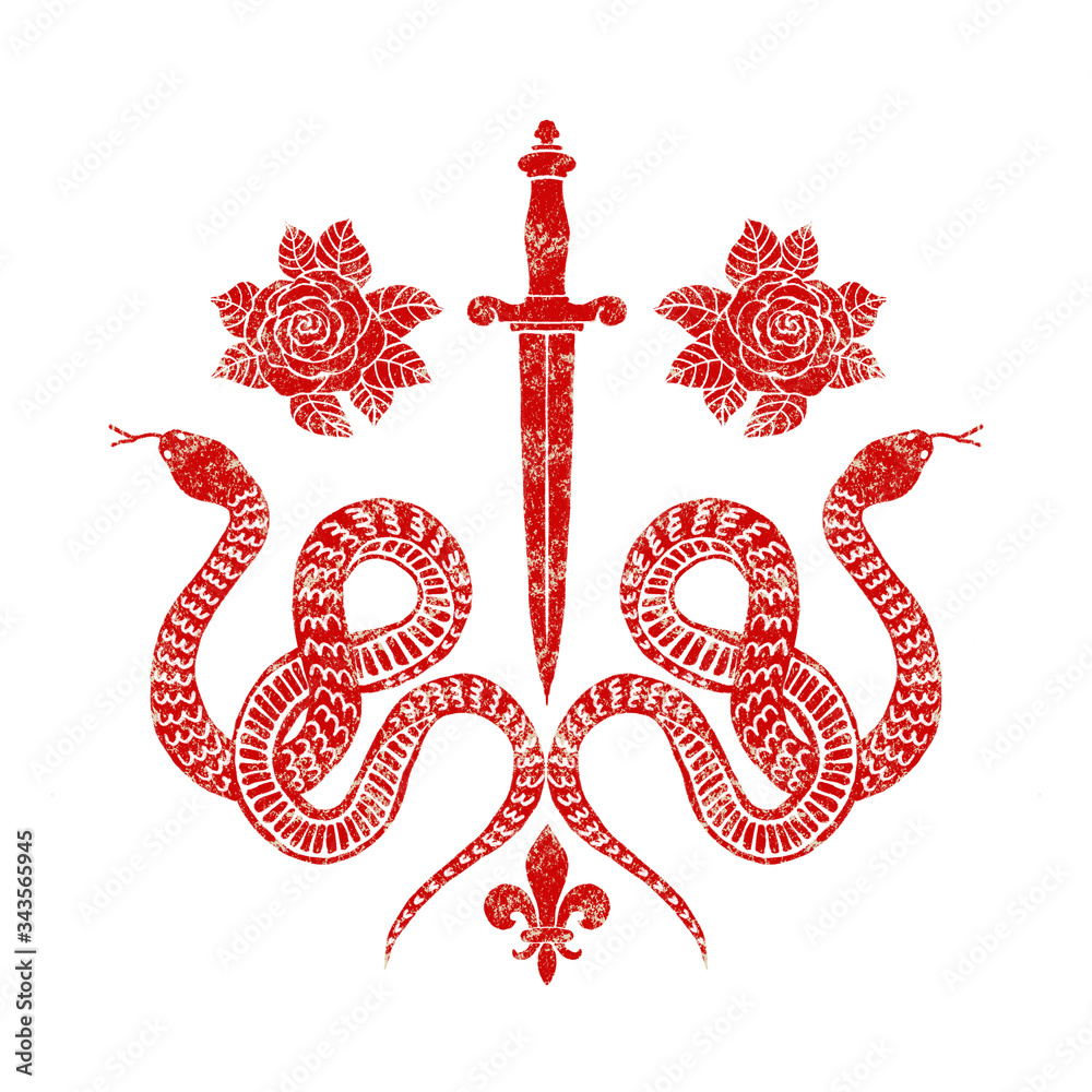 Coat of arms with snake, rose and sword illustration, retro texture ...