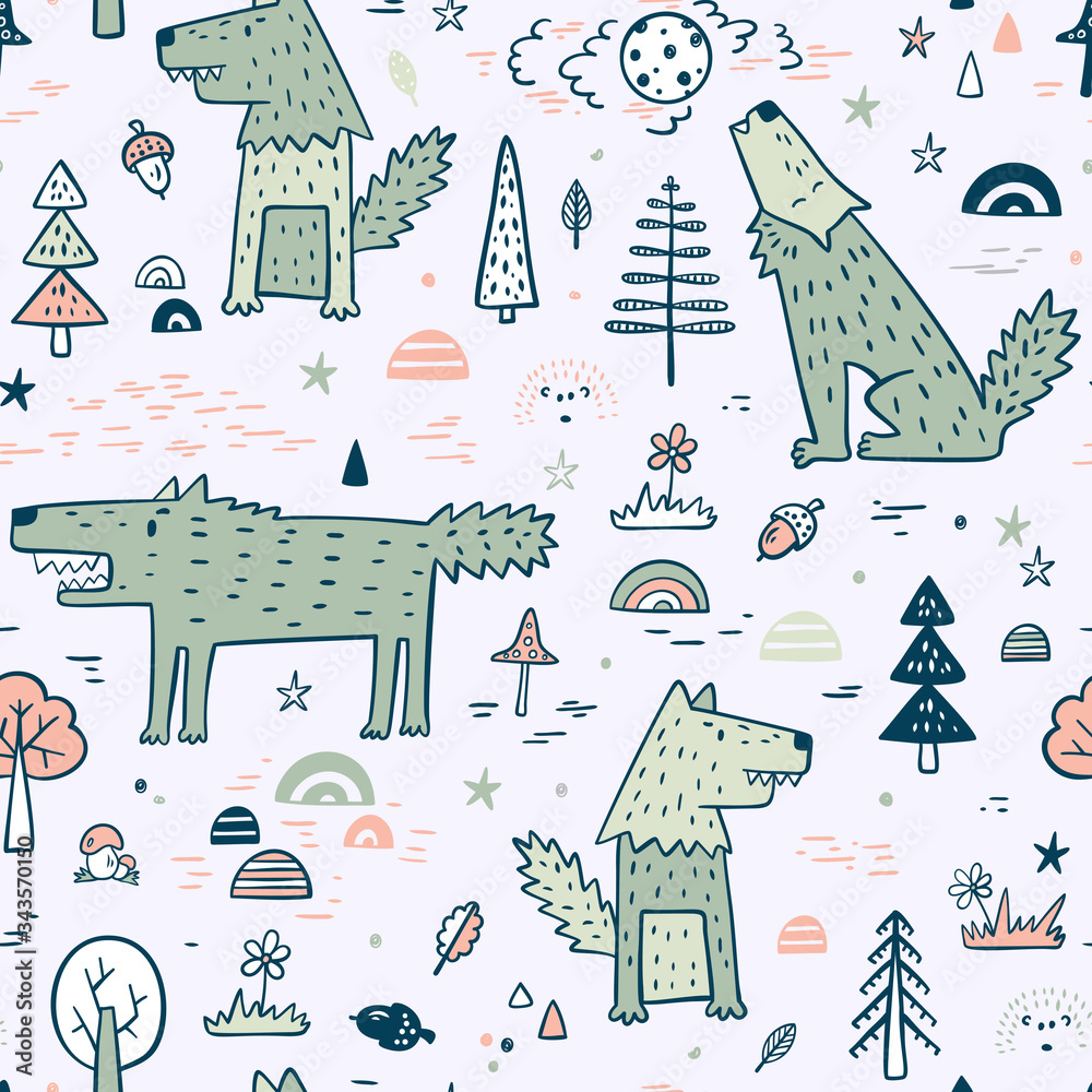 Cute Wolf Vector Seamless pattern. Childish Background with Hand Drawn ...